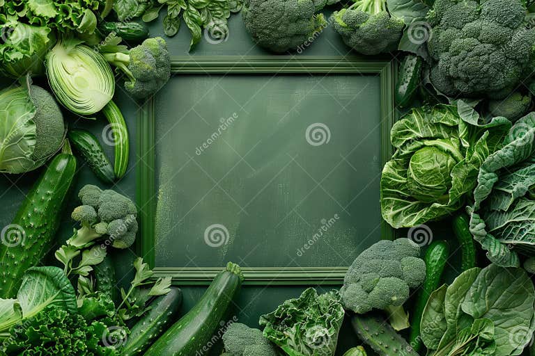 Assorted Green Vegetables in Frame on Green Background Stock Photo ...