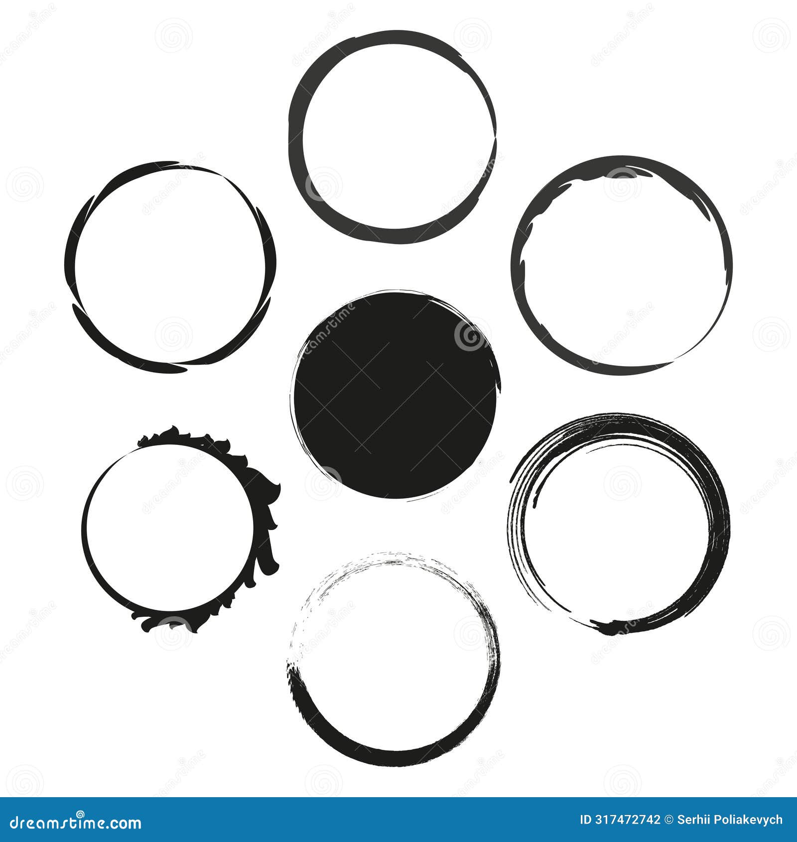 Assorted Grunge Circle Set. Various Brush Stroke Borders. Black Ink ...