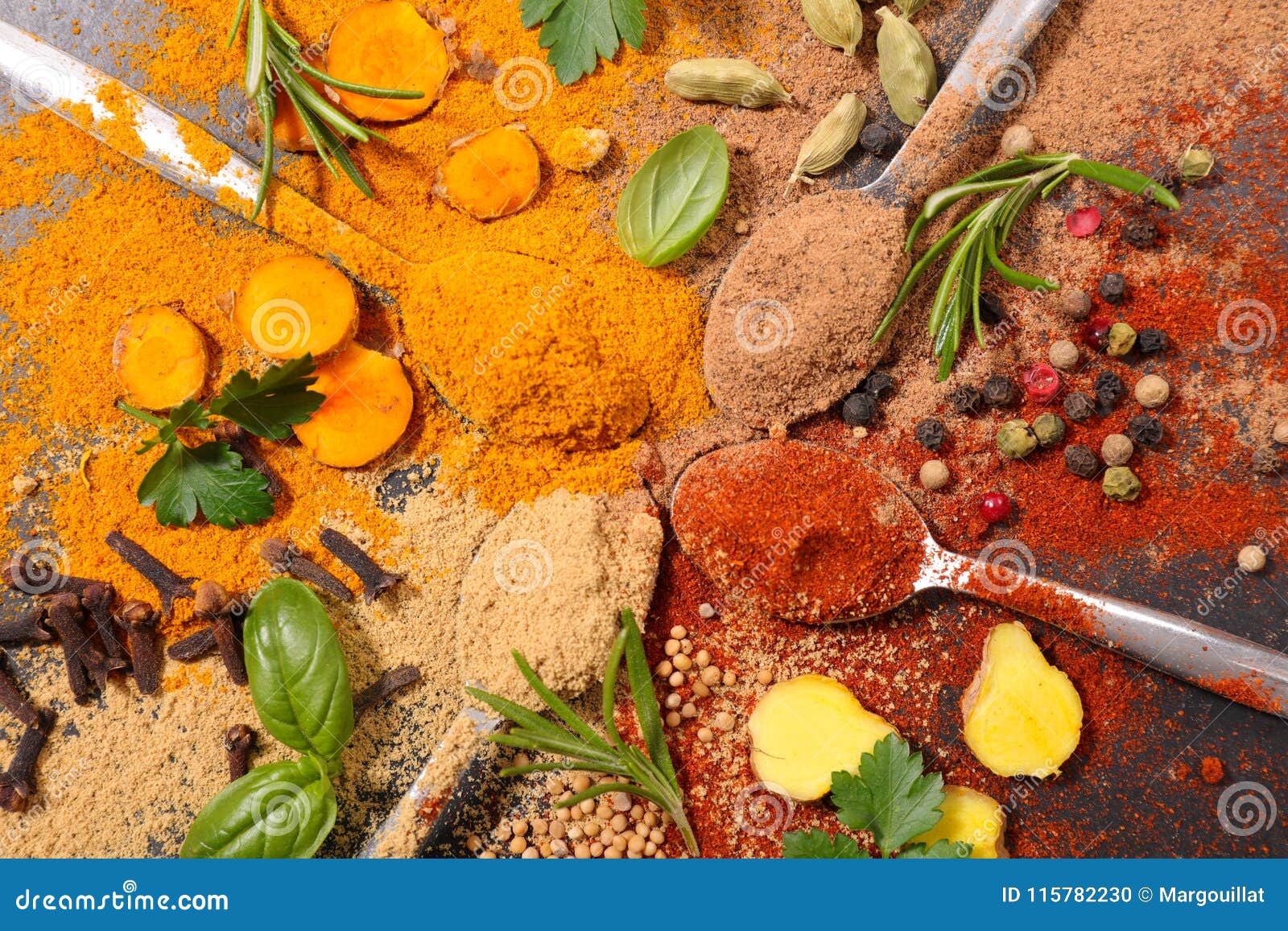 Assorted herbs and spices stock photo. Image of cuisine - 115782230