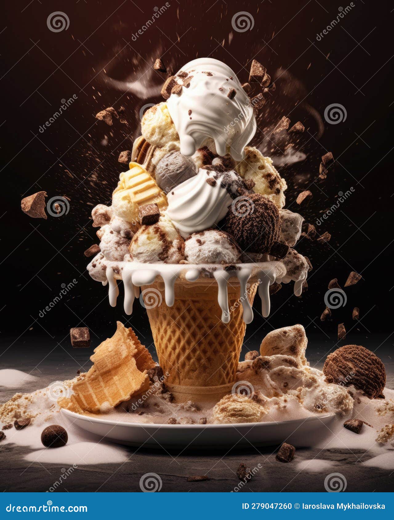 Assorted Ice Cream in a Waffle Cup with a Chocolate and Caramel Splash ...