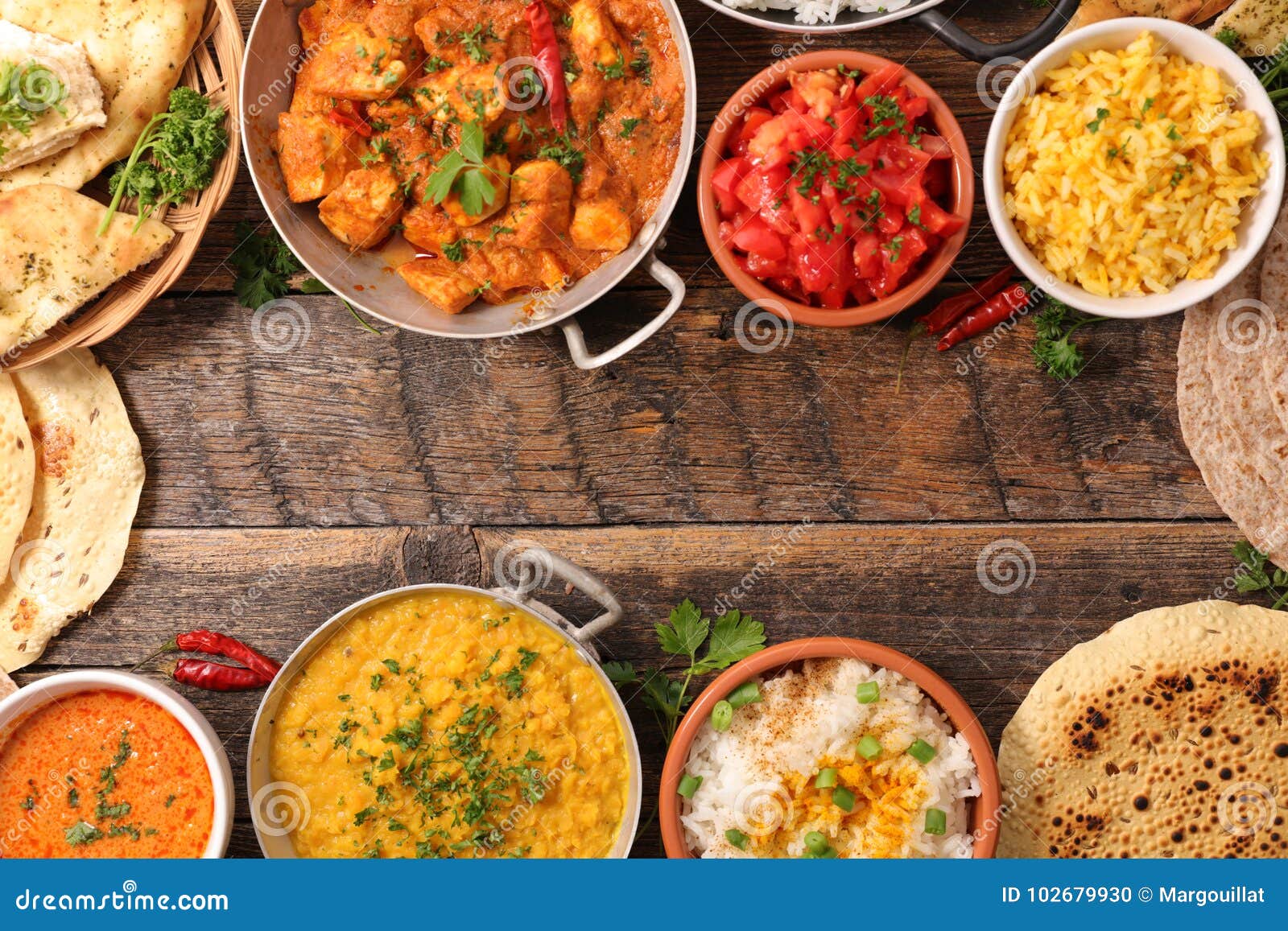 Assorted Indian Food Set In Tray, Tanduri Chicken, Naan Bread, Yoghurt ...