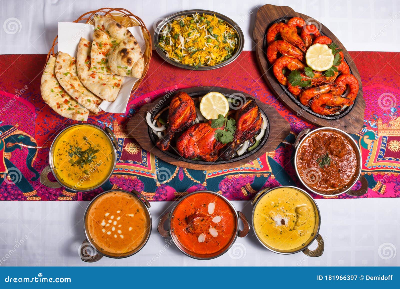 Assorted Indian Food Set In Tray, Tanduri Chicken, Naan Bread, Yoghurt ...