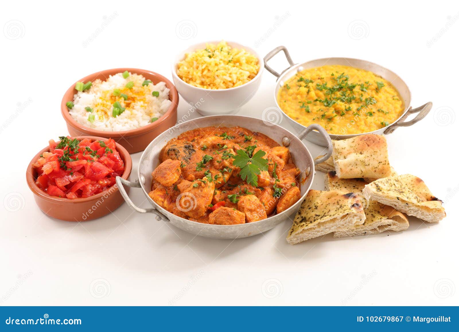 Assorted Indian Food Set In Tray, Tanduri Chicken, Naan Bread, Yoghurt ...