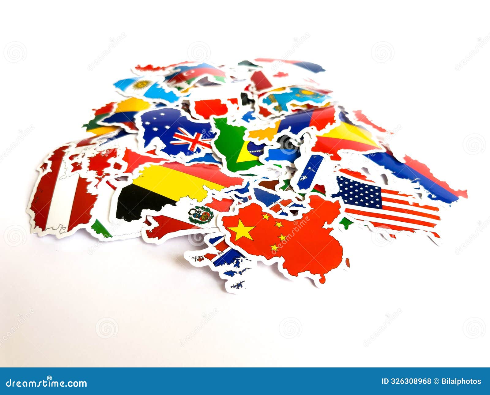 Assorted International Flag Map Stickers on Isolated White Background ...