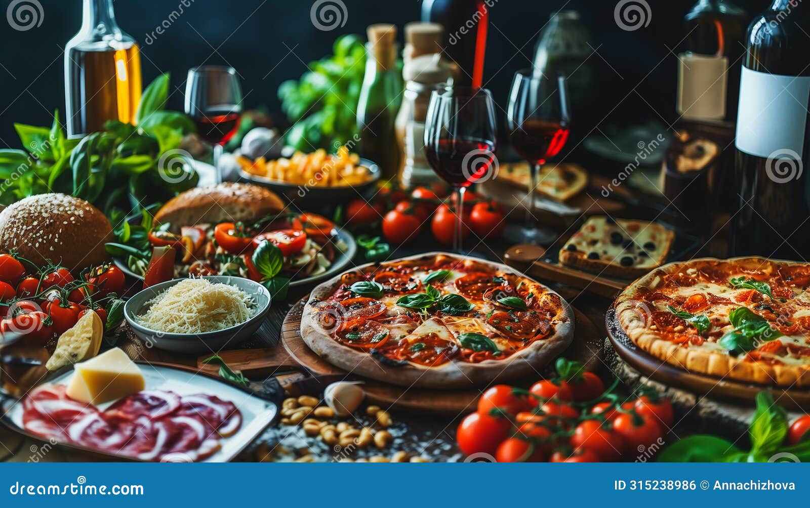 Assorted Italian Food Set on Table Stock Photo - Image of buffet, dark ...