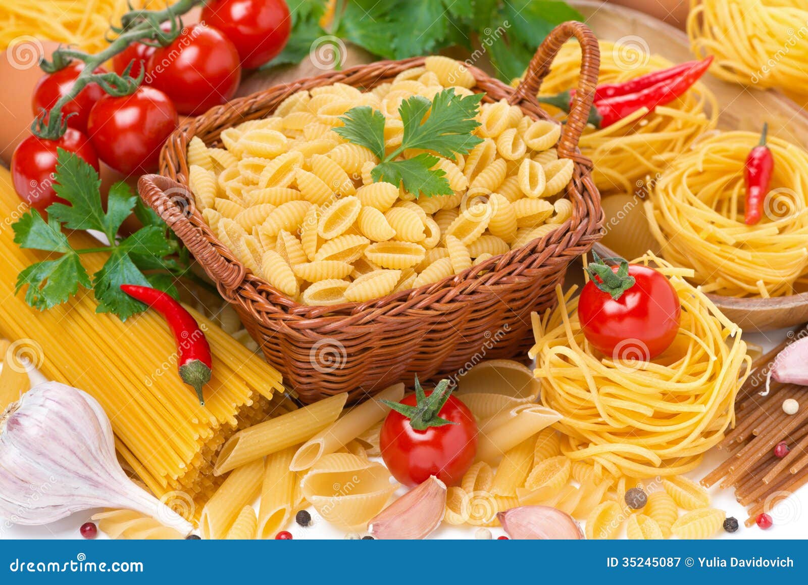Assorted Italian Pasta, Cherry Tomatoes, Herbs and Spices Stock Image ...