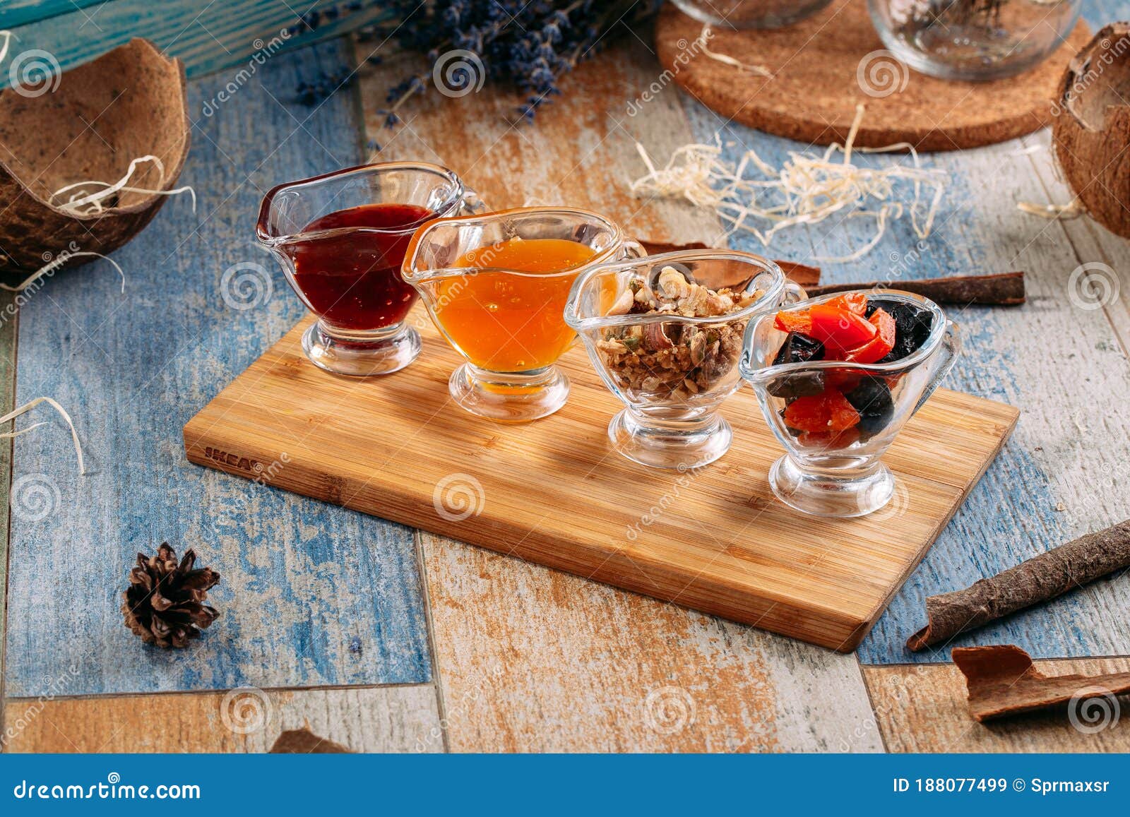 Assorted Jam Tea Set and Nuts in Glass Jars Stock Image - Image of ...