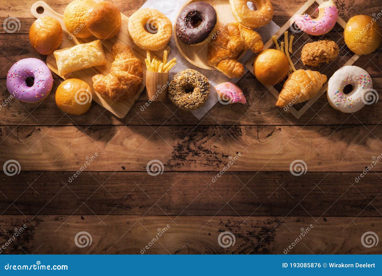 Assorted Junk Food Multiple Type on Wooden Table of Top View with Copy ...