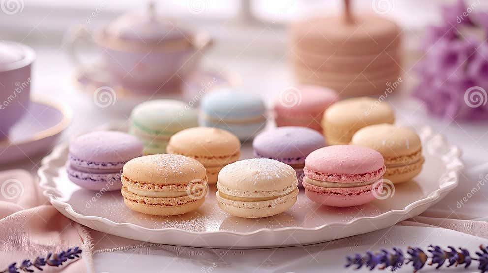 Assorted Macarons on Plate with Tea Set Stock Image - Image of setting ...