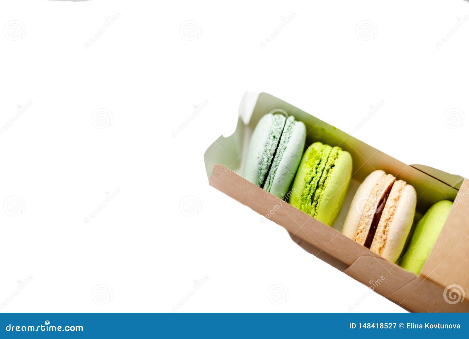 Assorted Macaroons in Craft Paper Box Flat Lay.white Table Background ...