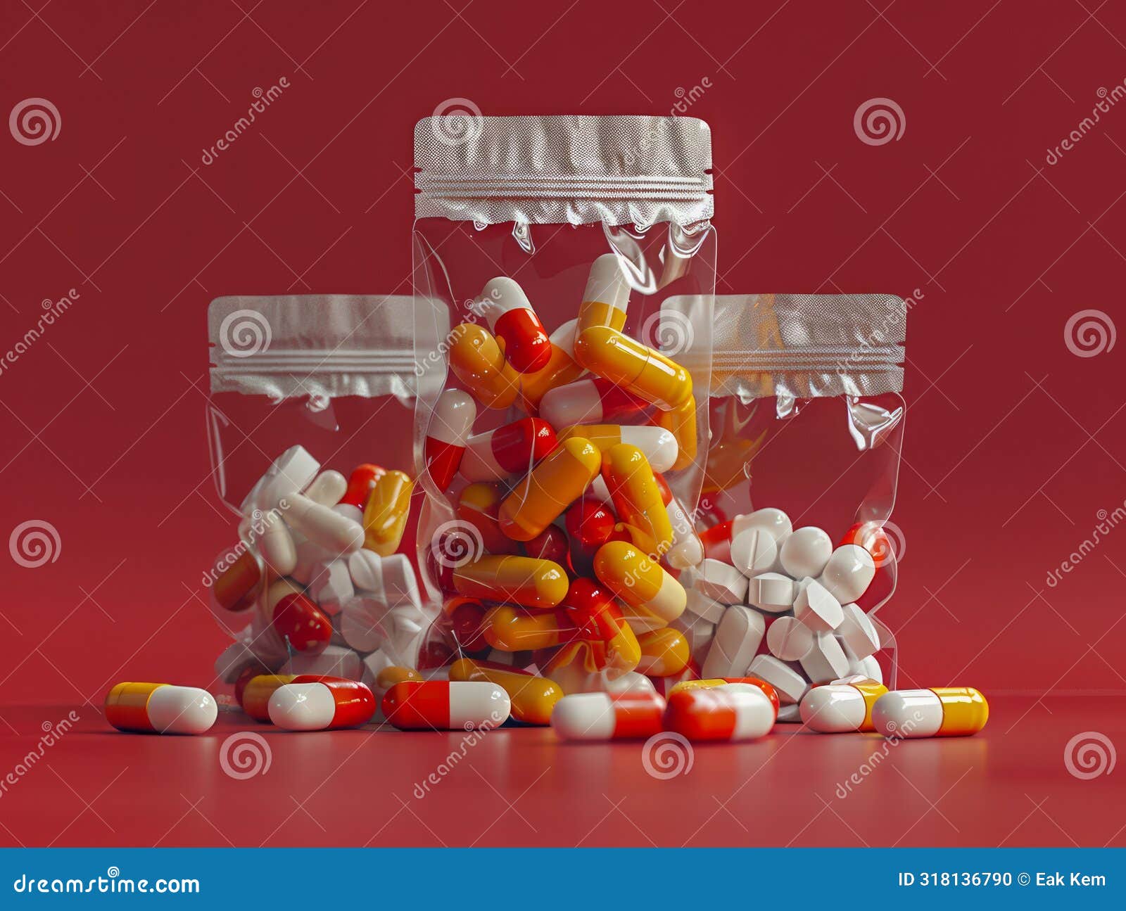 Assorted Medication Pills and Capsules in Clear Containers on a Red ...