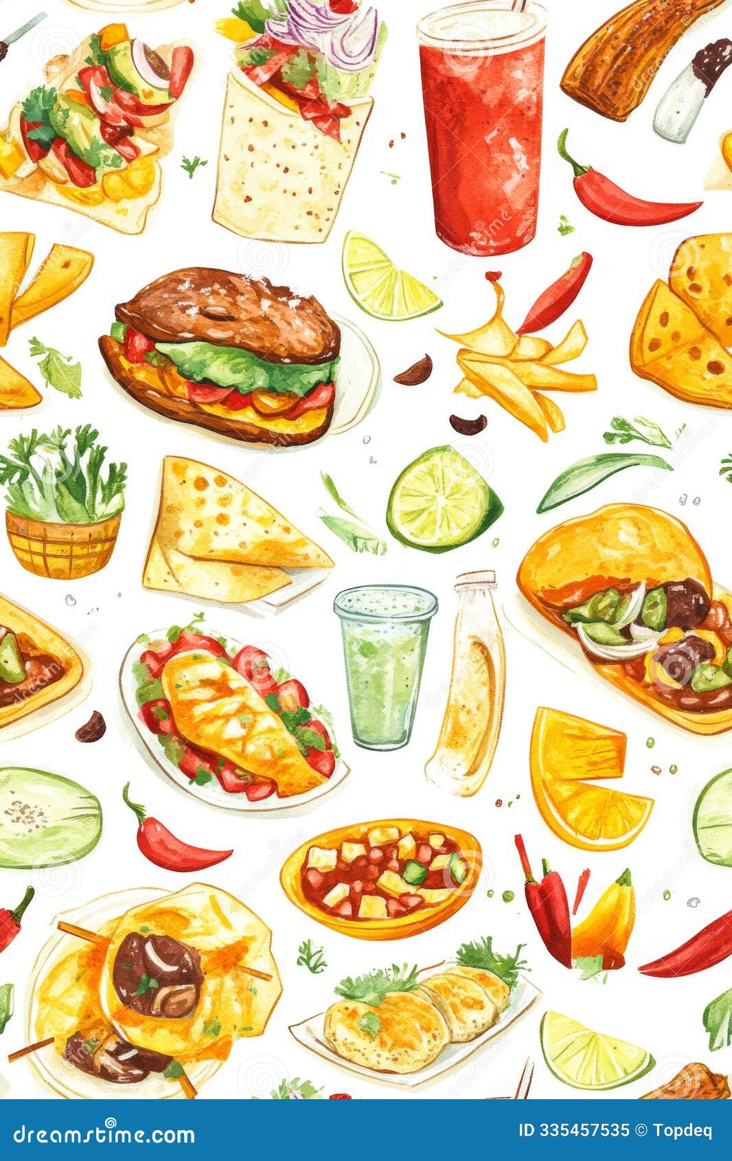 Assorted Mexican Food Items Including Tacos, Burritos, and Salsa with ...