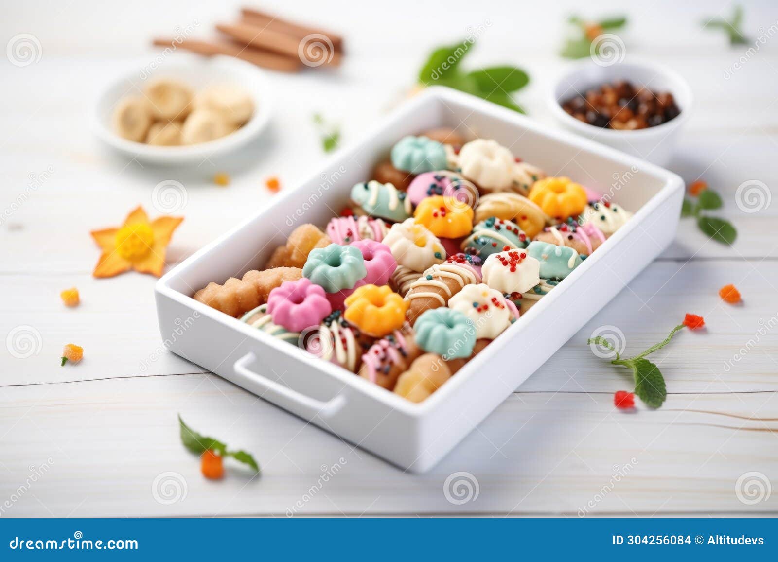 Assorted Mini Donuts in a White Box, Colorful Toppings Stock Photo ...