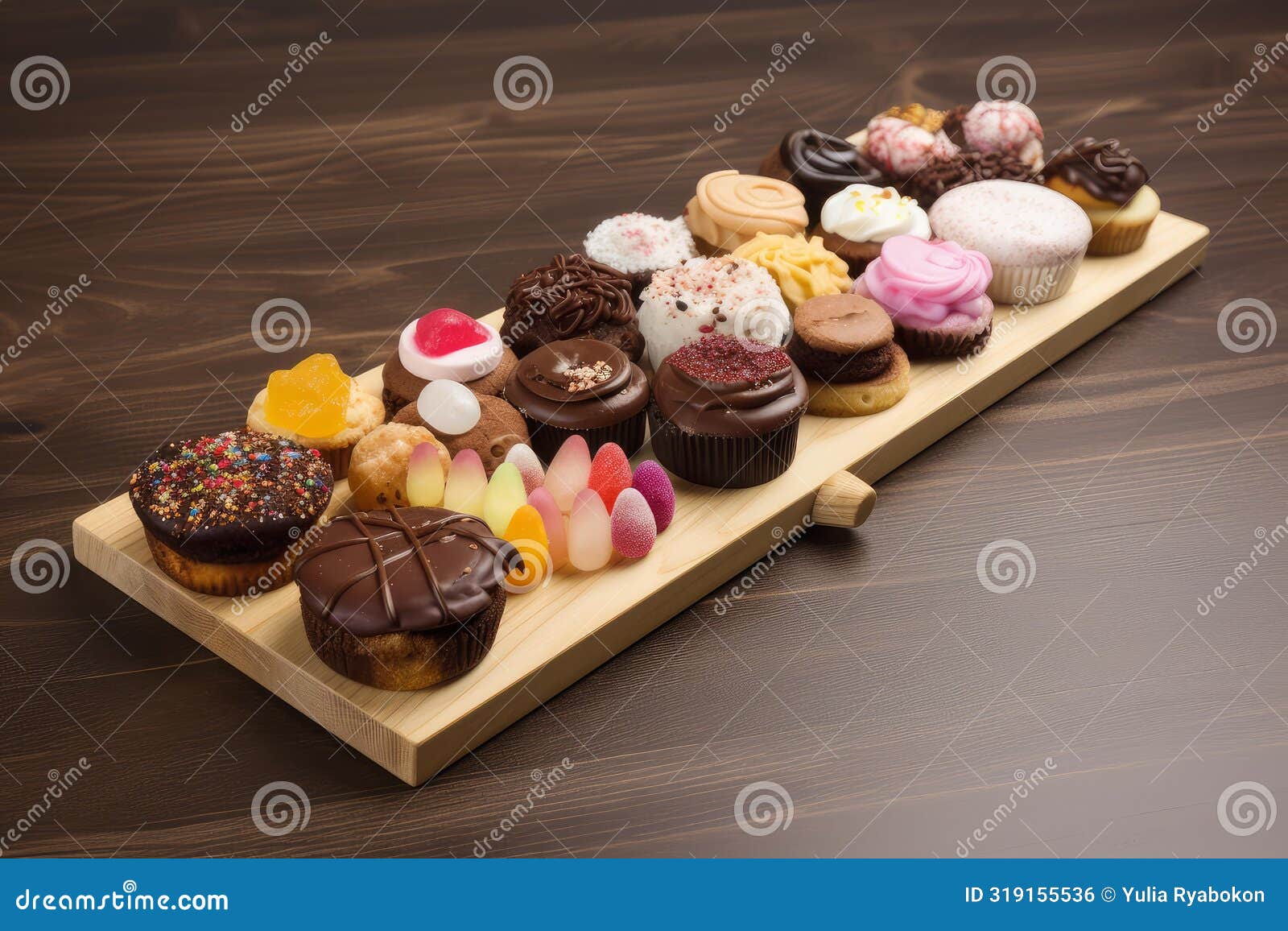 Assorted Miniature Desserts on Wooden Platter Stock Illustration ...
