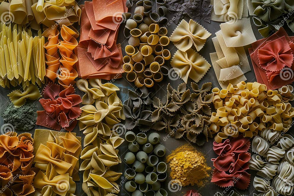 Assorted Multicolor Pasta Varieties on Rustic Background. Neural ...