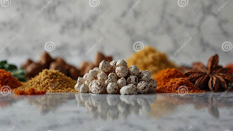 Assorted Natural Ingredients and Spices on a White Marble Surface ...