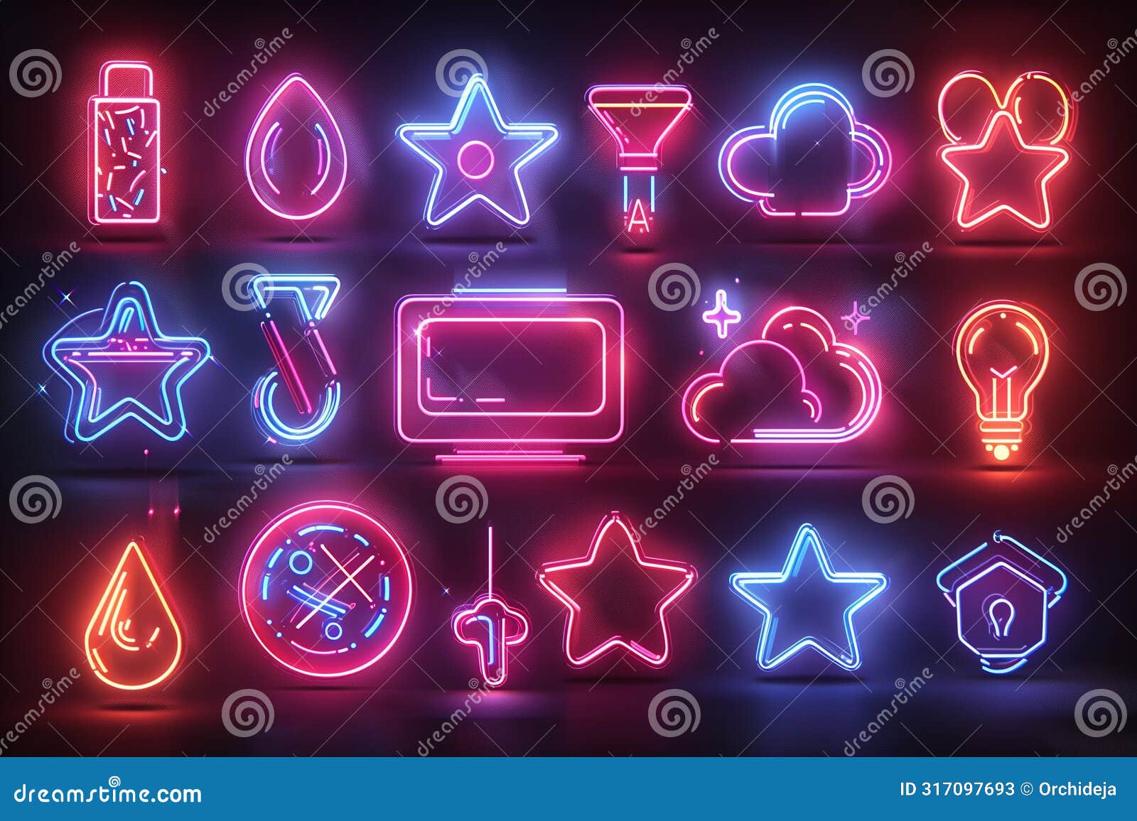 Assorted Neon Signs and Symbols Illuminated Against a Dark Background ...
