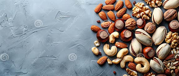 Assorted Nut on Minimal Background. Flat Lay Composition with Copy ...