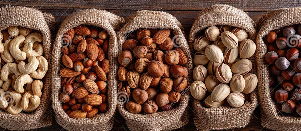 Assorted Nuts Bagged in Rows Stock Image - Image of almonds, selection ...