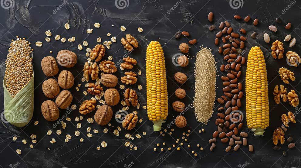 Assorted Nuts and Corn on Dark Surface Stock Photo - Image of grains ...