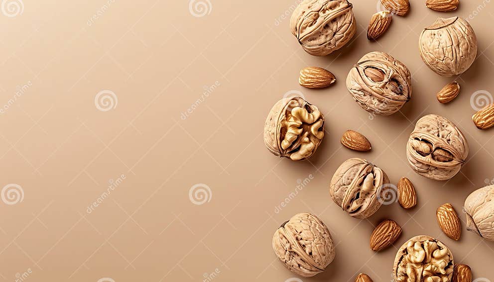 Assorted Nuts on Neutral Background with Ample Space for Creative Text ...