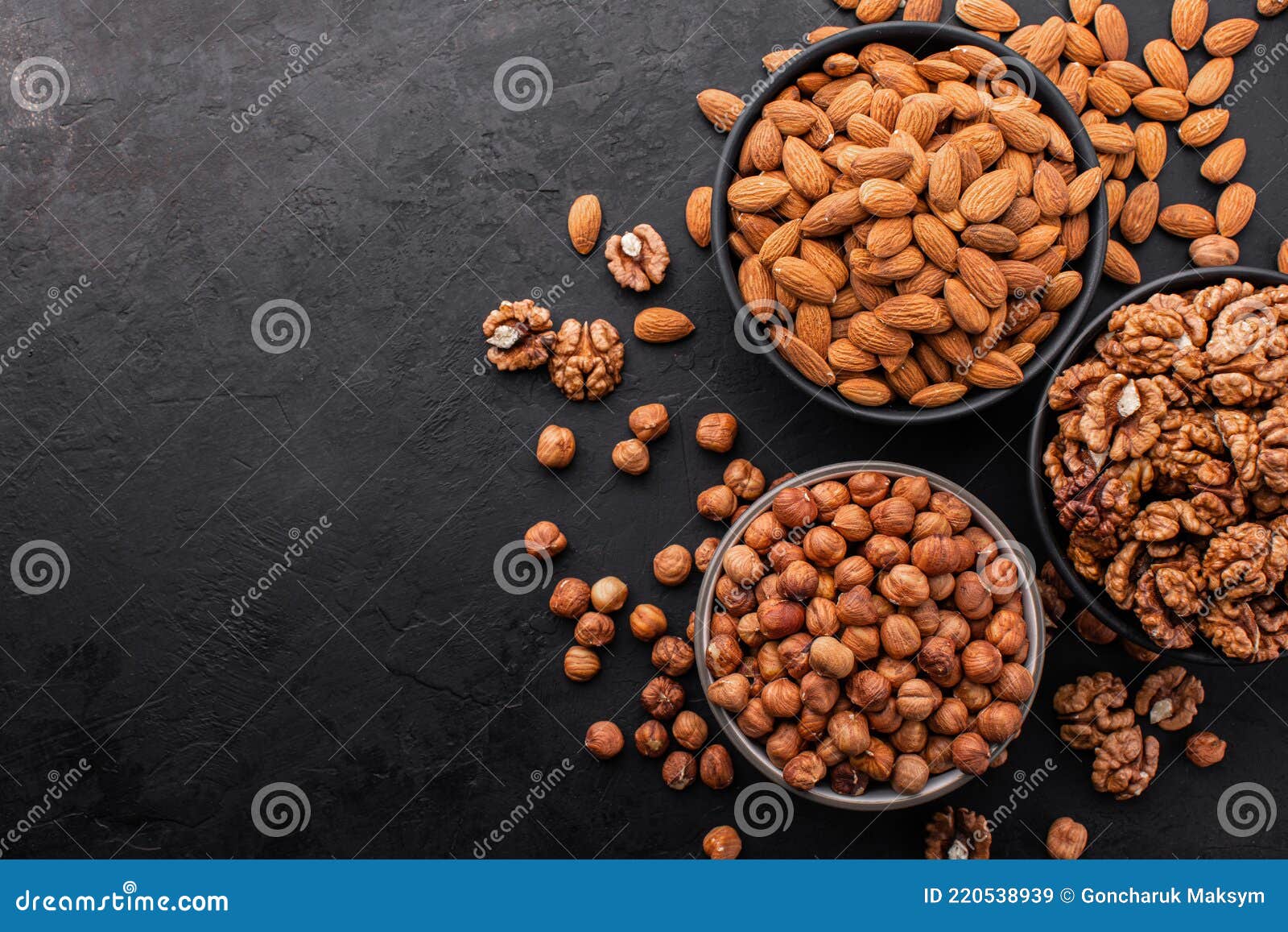 Assorted Nuts. Top View Of Different Types Of Peeled Nuts In Bowls And ...