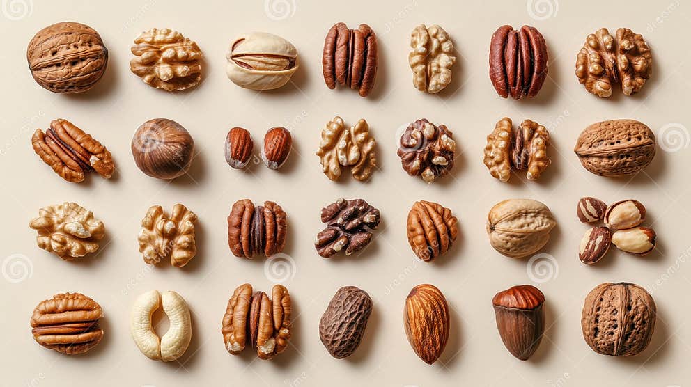 Assorted Nuts, a Variety of Nuts Displayed on a Light Beige Background ...