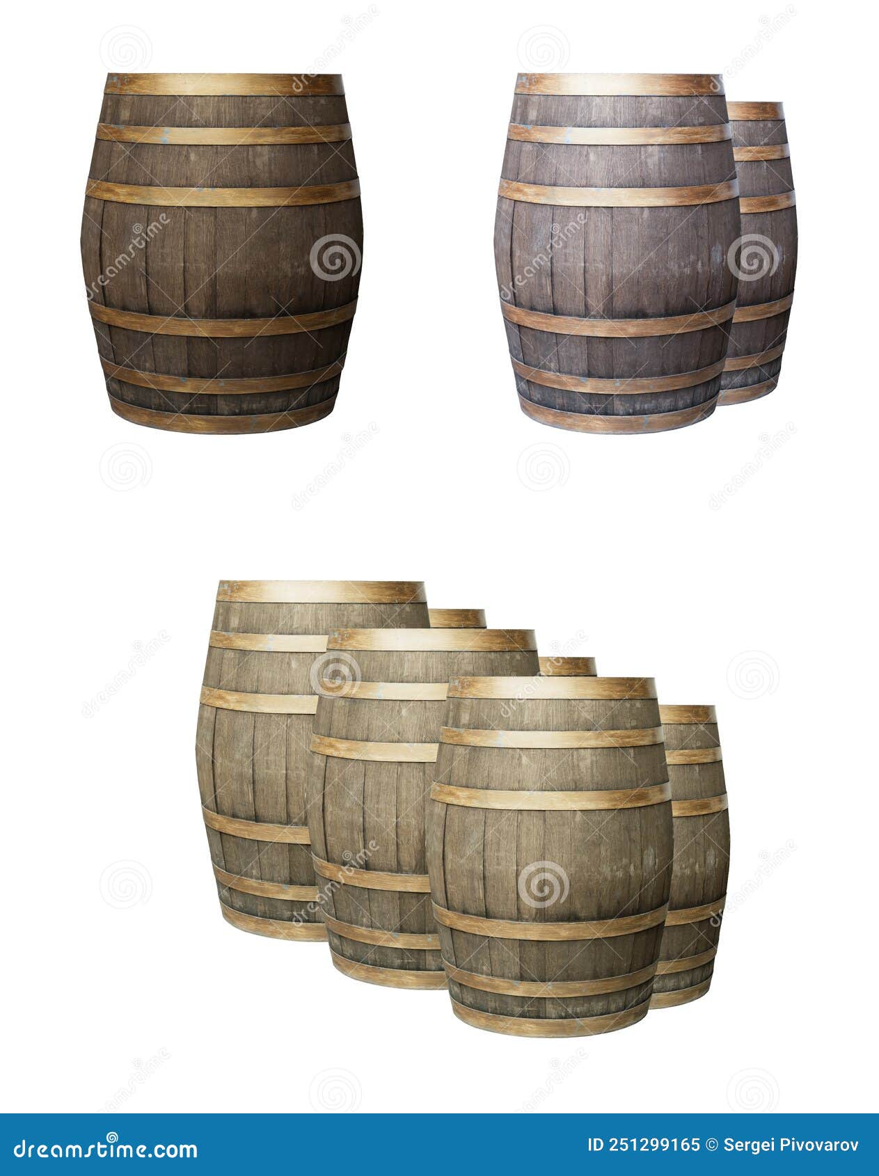 Assorted Oak Barrels Brown and Gray Set on Isolated Background Stock ...