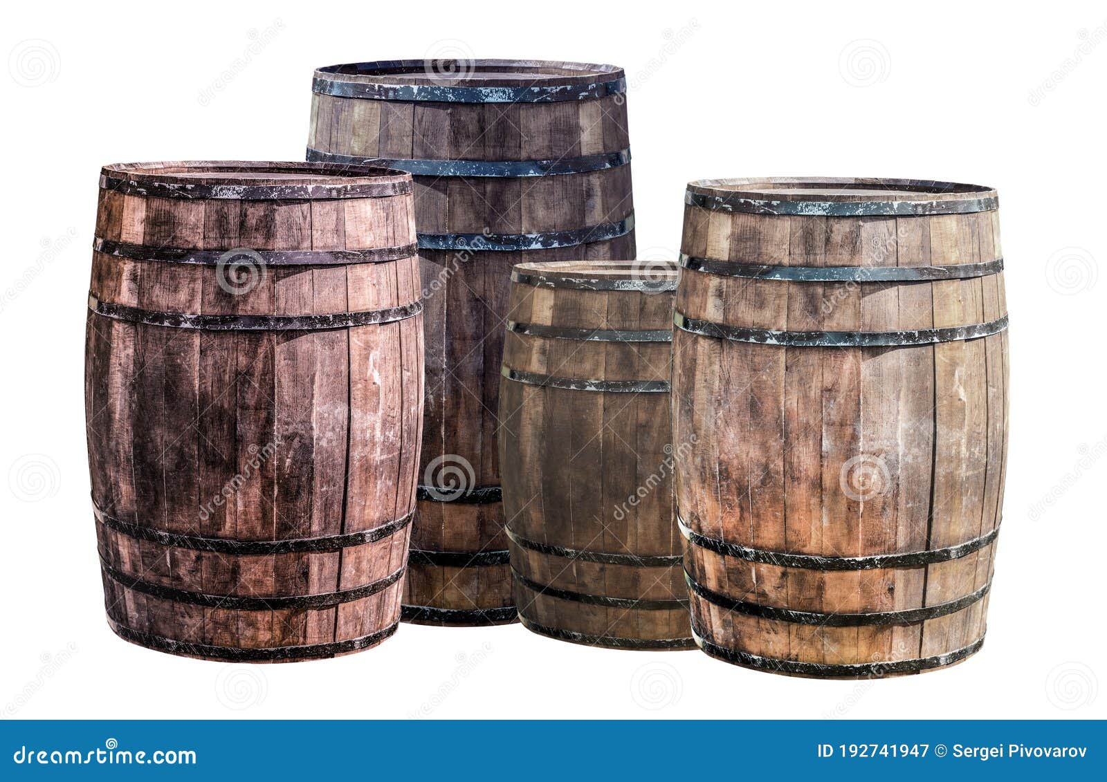 Assorted Oak Barrels Brown and Gray Standing in a Group on a White ...
