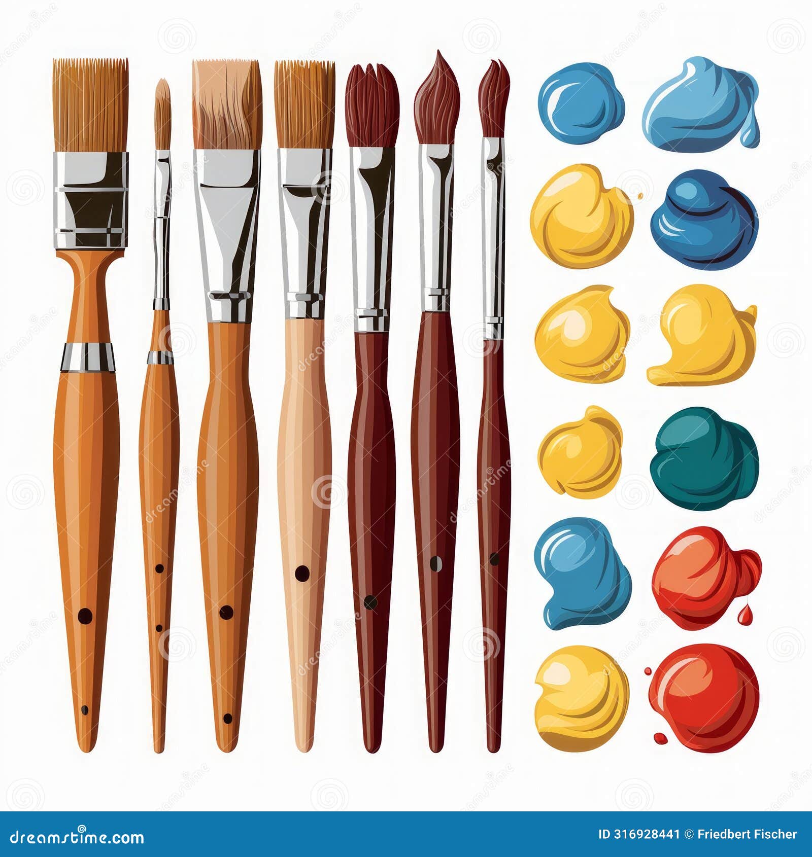 Assorted Paint Brushes and Vibrant Blue and Yellow Paint Dabs on White ...