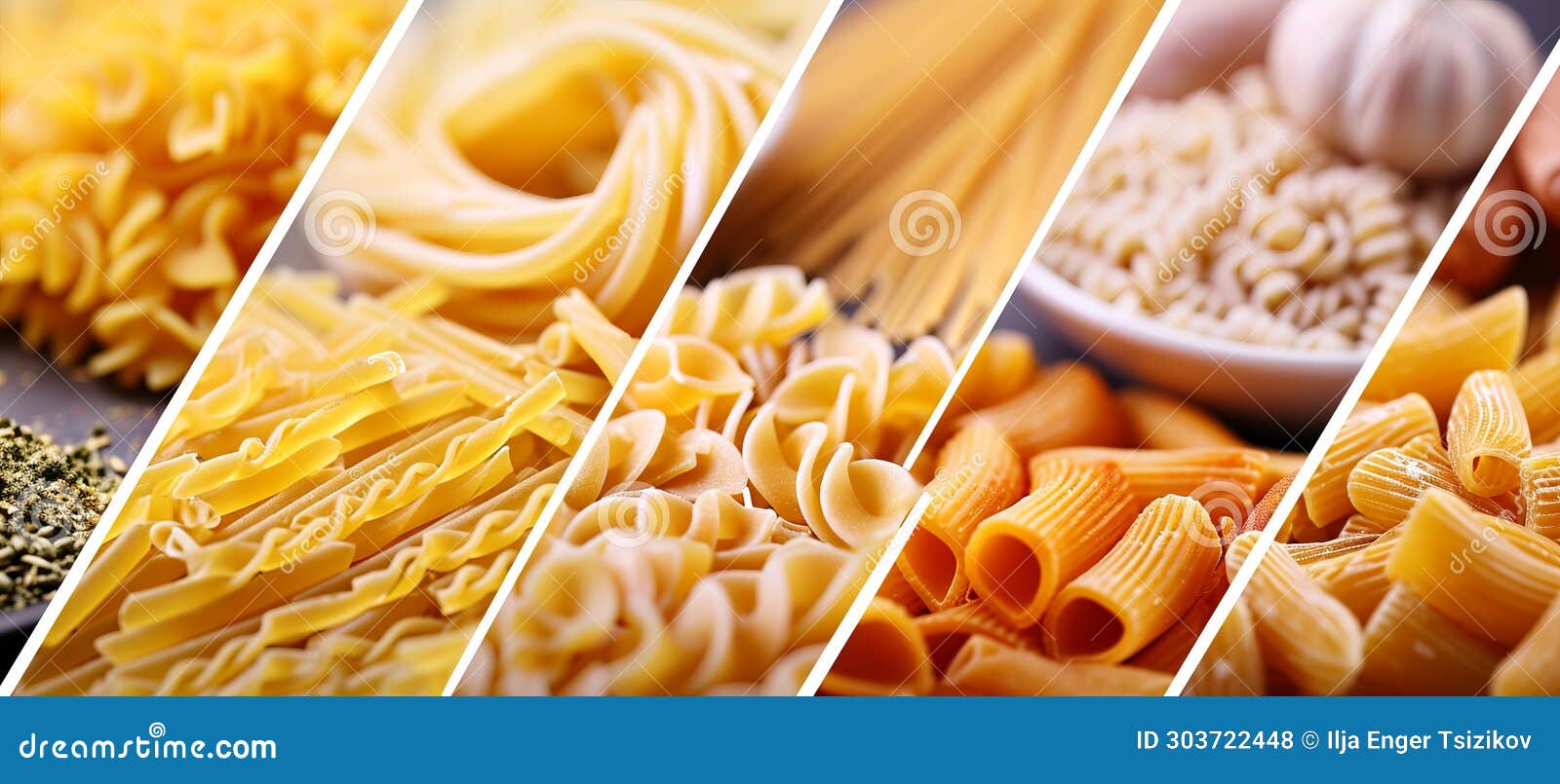 Assorted Pasta Collage with White Vertical Lines, Divided into 7 ...