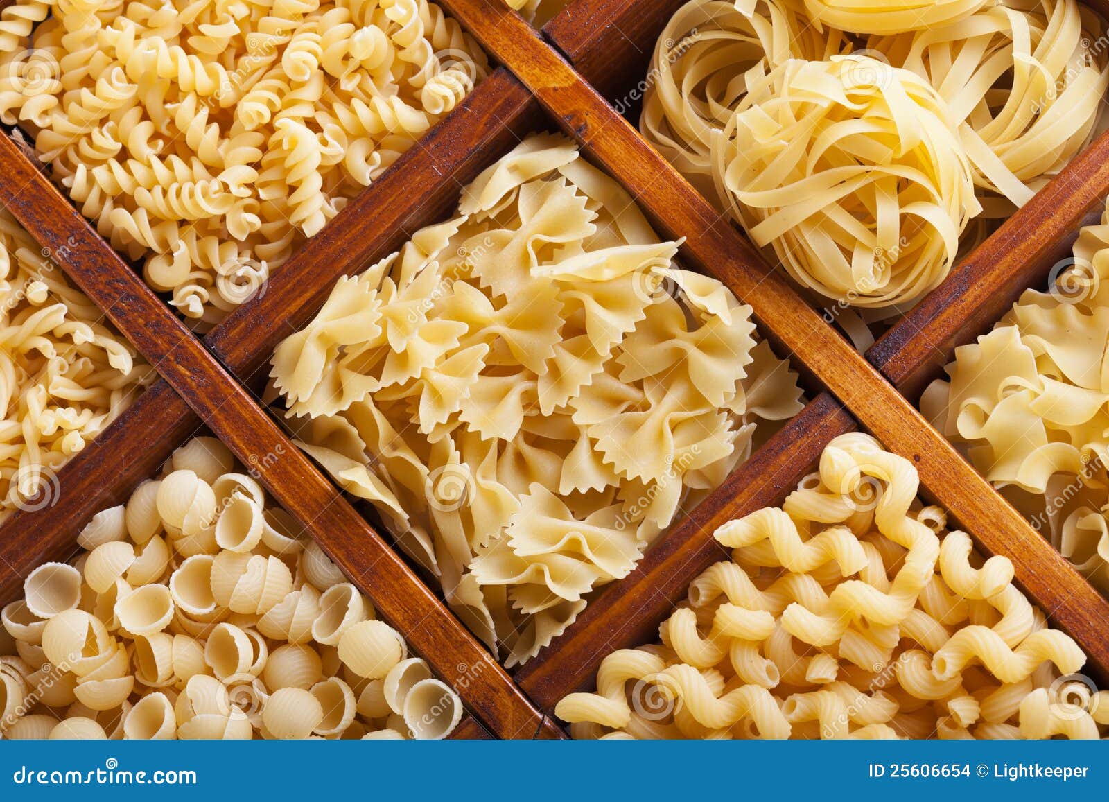 Assorted Pasta in Wooden Compartments Stock Photo - Image of gourmet ...