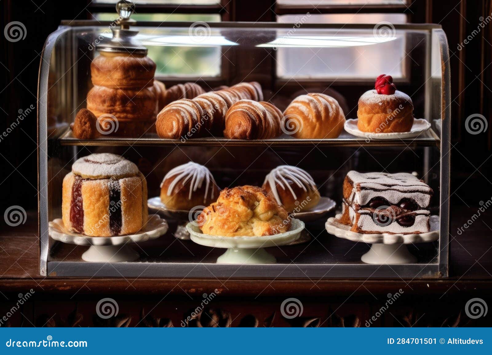 Assorted Pastries in a Vintage Display Case Stock Image - Image of ...