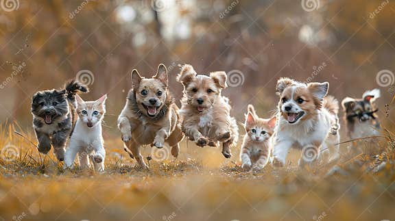 Assorted Pets Joyfully Run in an Autumnal Setting. Stock Photo - Image ...
