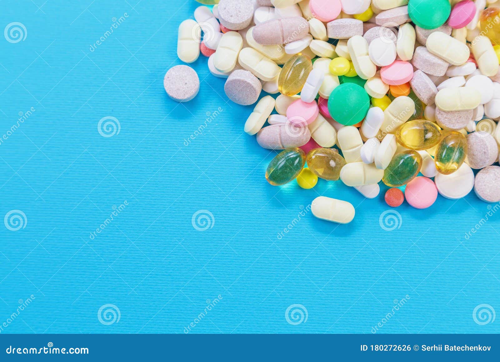 Assorted Pharmaceutical Medicine Pills, Tablets and Capsules on Blue ...