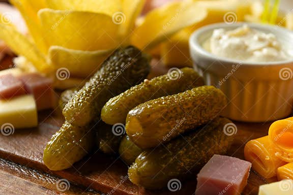 Assorted Pickles, Cheese, and Crackers on Display Stock Image - Image ...
