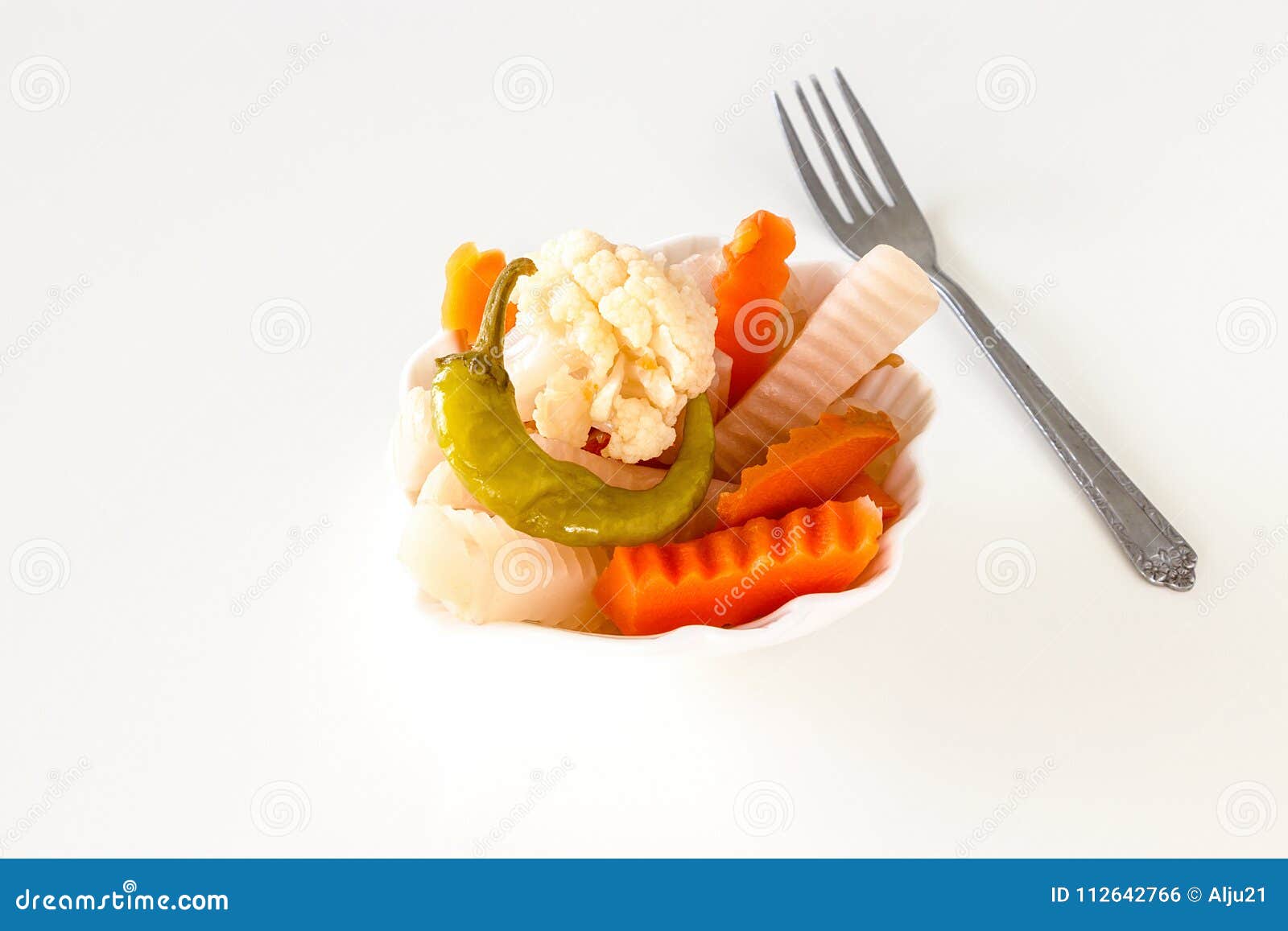 Assorted Pickles Vegetables in White Bowl. Top View. Isolated. Stock ...