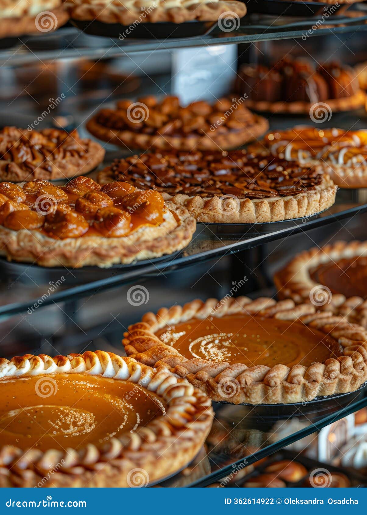 Assorted Pies Displayed in a Bakery Showcasing Various Flavors Stock ...