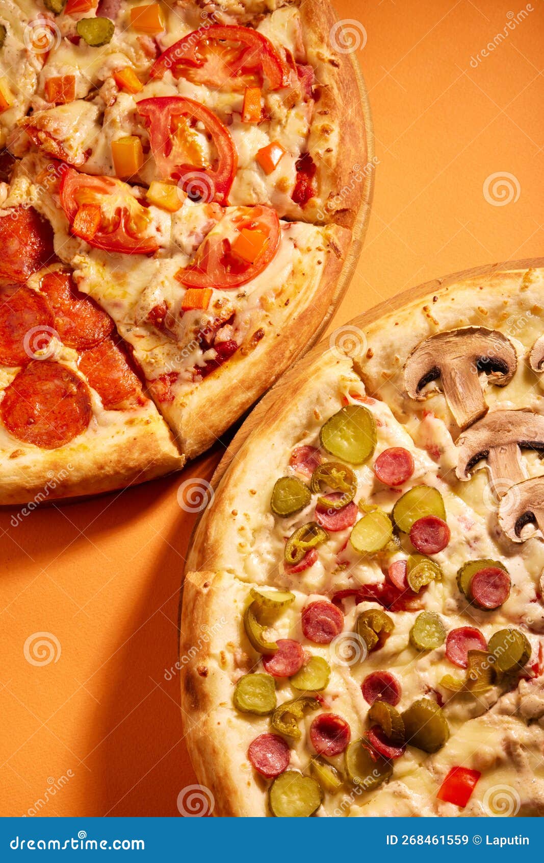 Assorted Pizza Pieces With Ham, Mushroom, Tomato Top View On Wooden ...