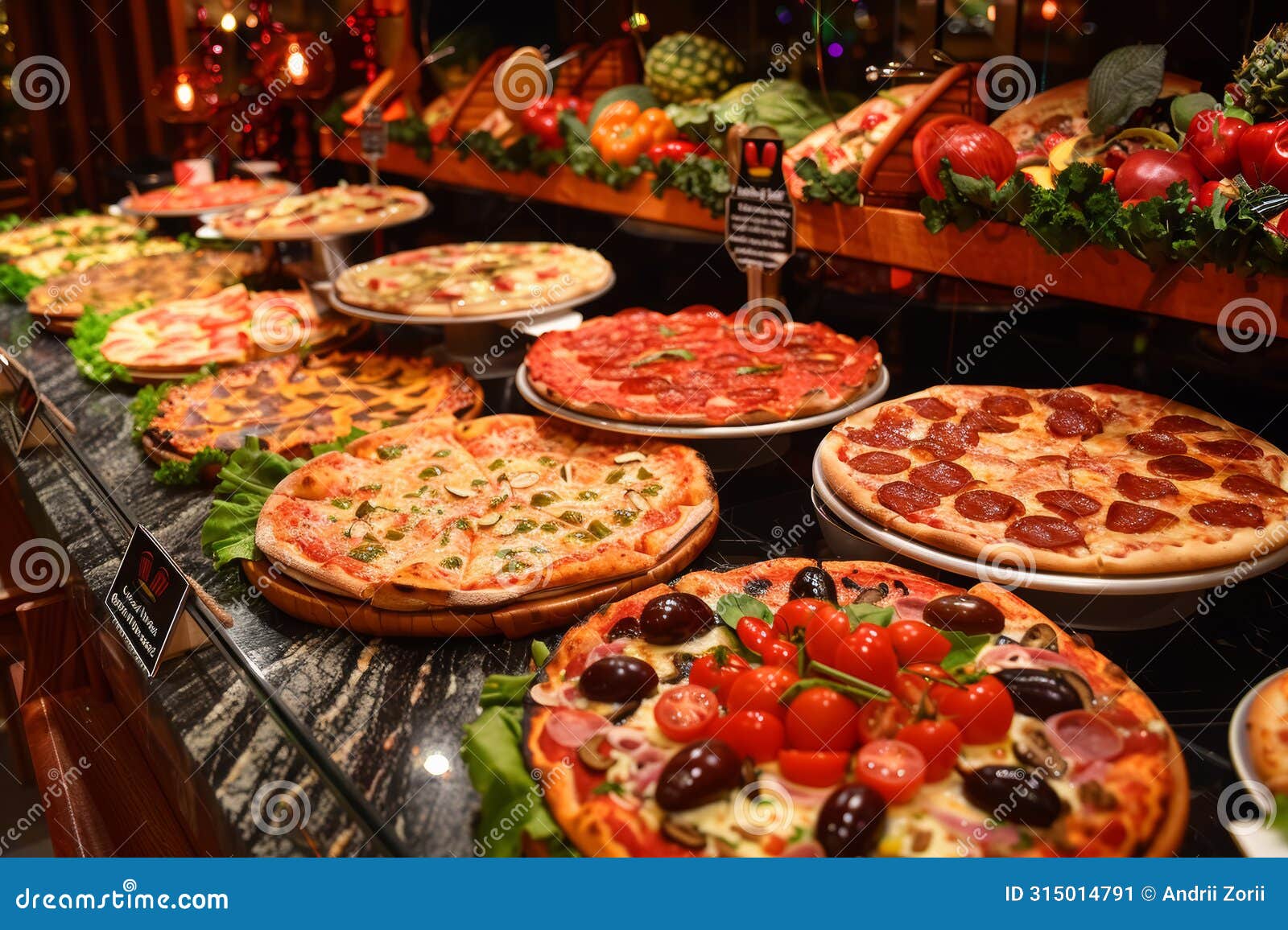Assorted Pizzas on Buffet Display for Dining Stock Illustration ...