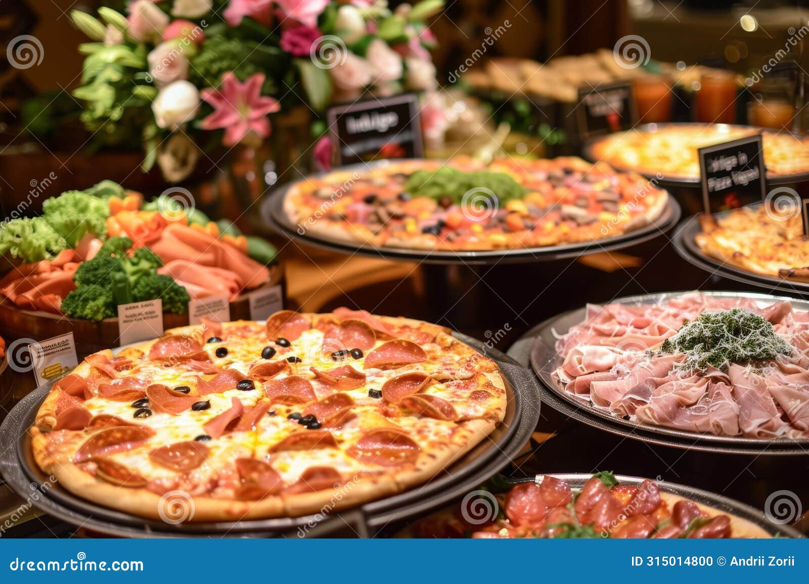 Assorted Pizzas on Buffet Display for Dining Stock Illustration ...