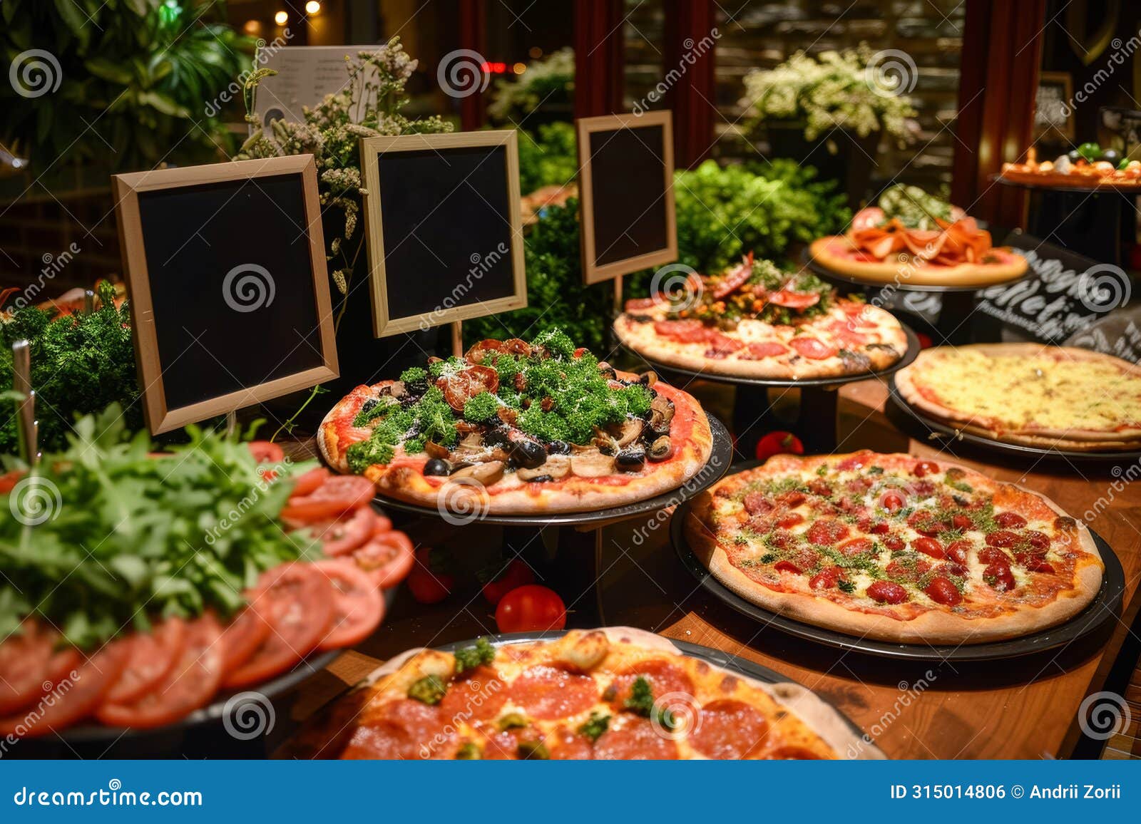 Assorted Pizzas on Buffet Display for Dining Stock Illustration ...