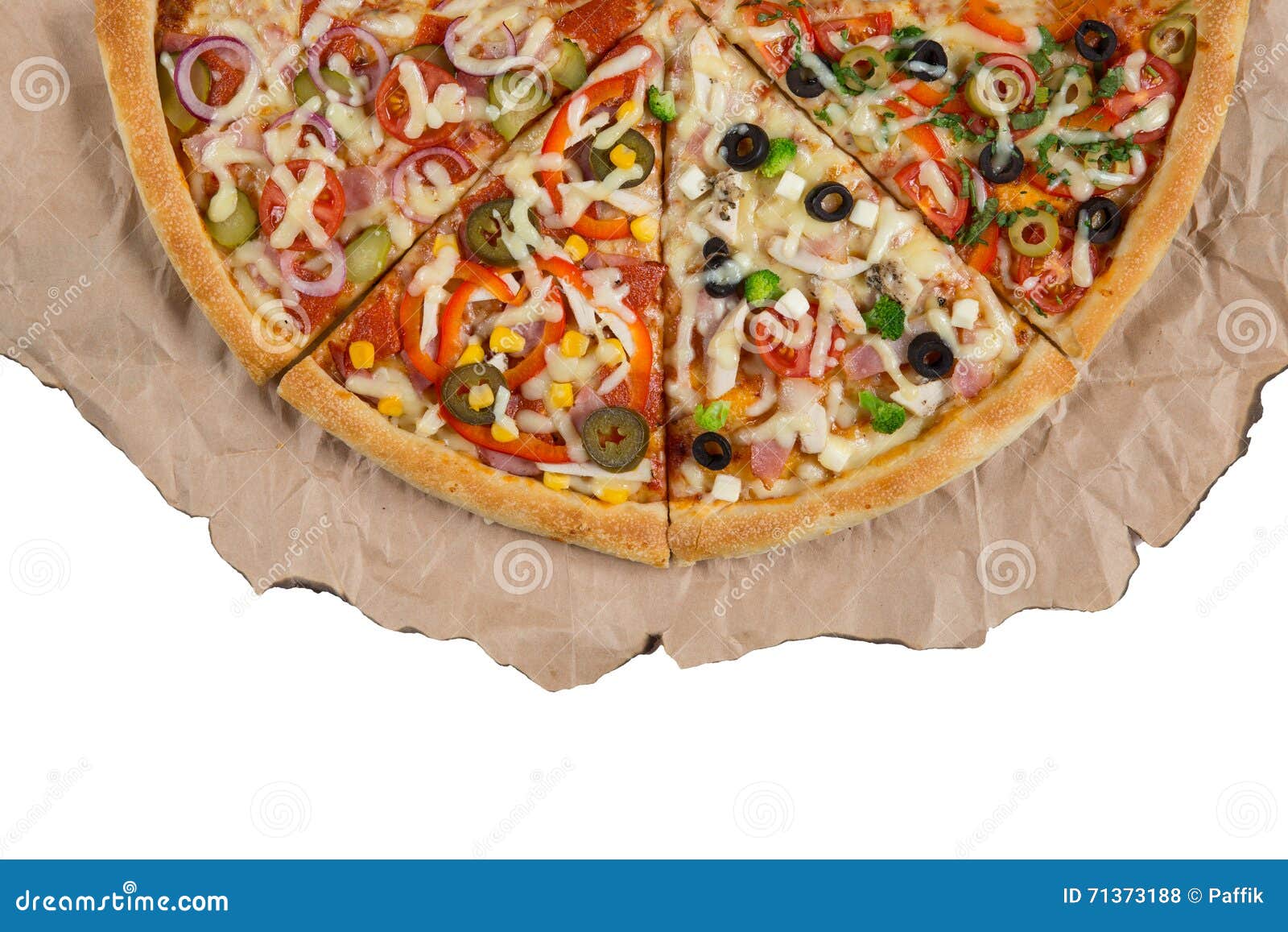 Assorted Pizzas on Paper and White Background. Stock Photo - Image of ...