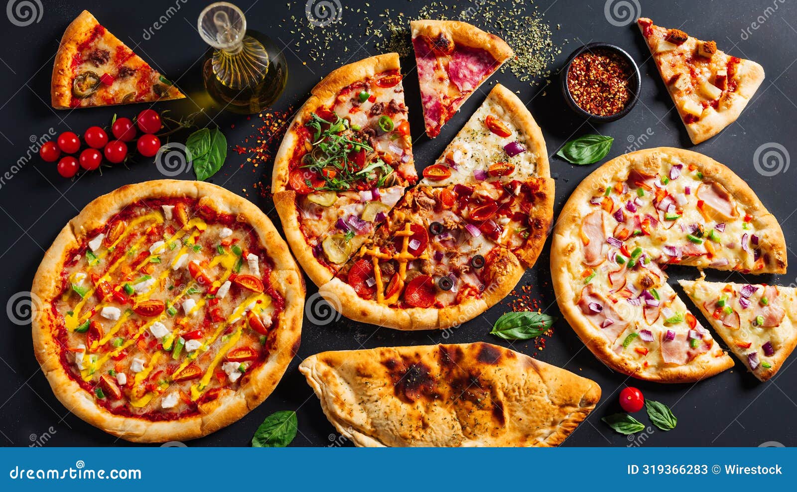 Four Different Types of Pizza Arranged in the Form of Pizza Stock Image ...