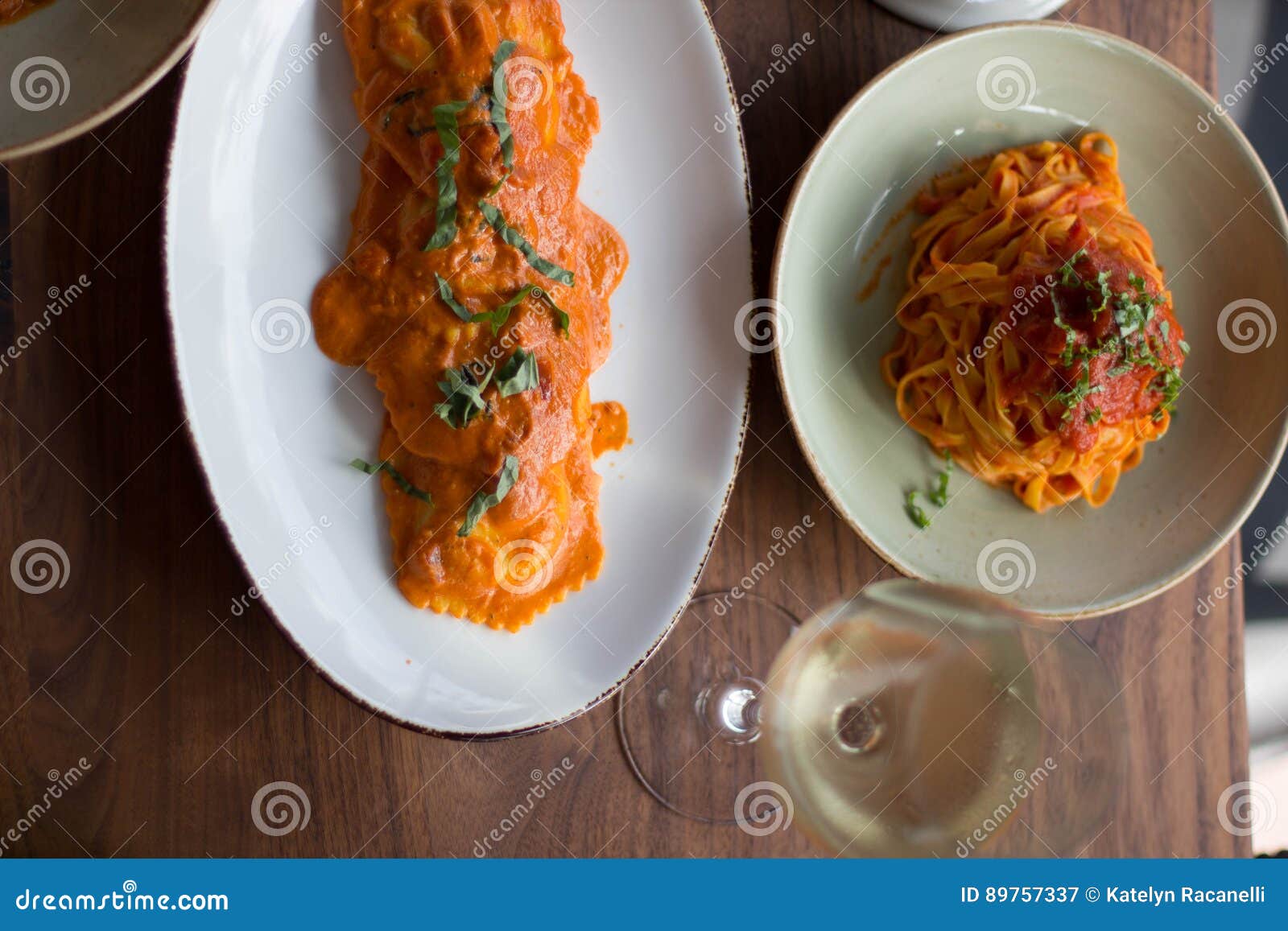 Assorted Plates of Pasta on a Table Stock Image - Image of basil ...