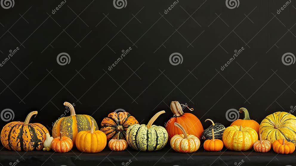 Assorted Pumpkins on Black Background Stock Illustration - Illustration ...