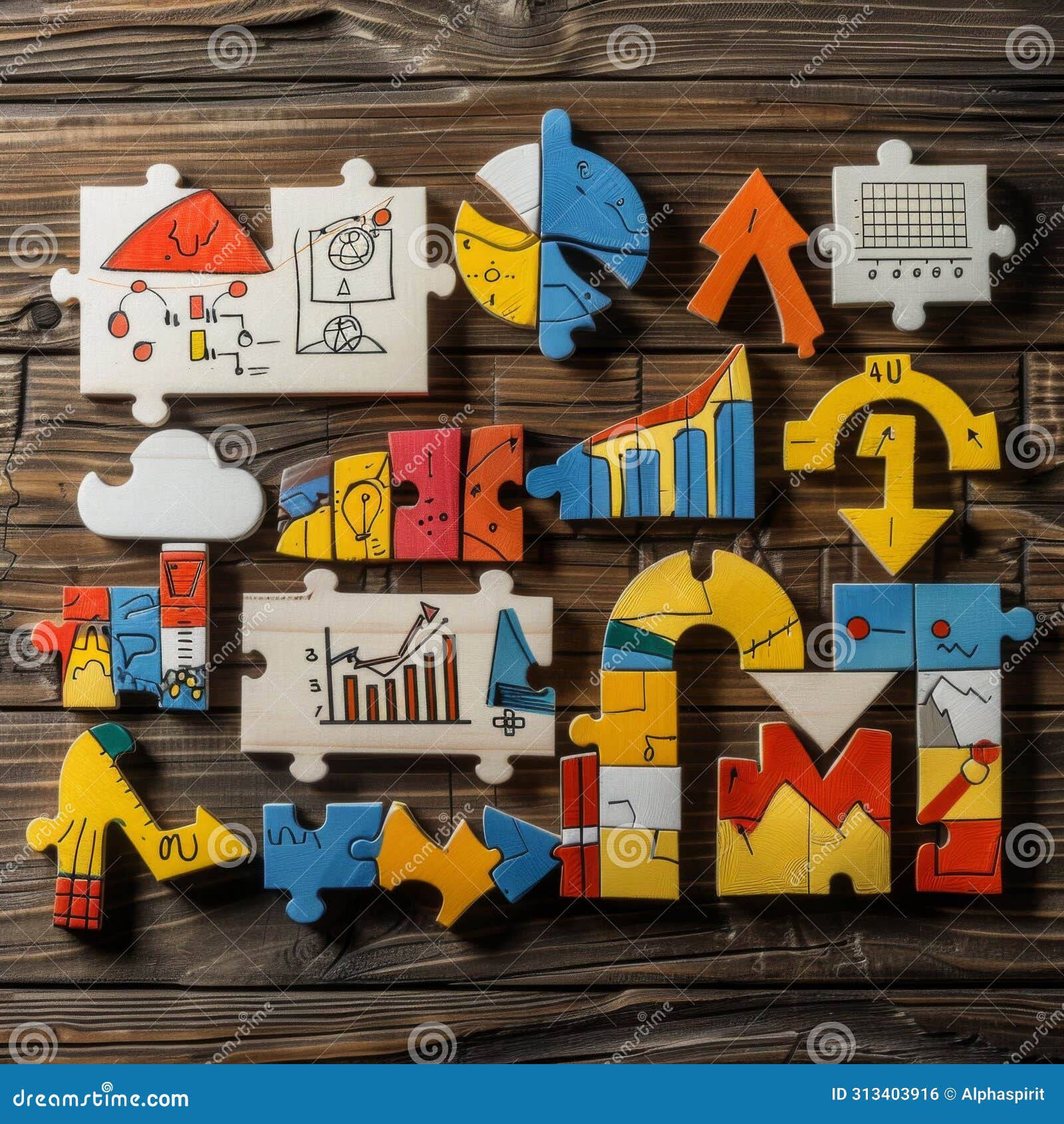 Assorted Puzzle Pieces with Business Graphs and Charts on Rustic Wood ...