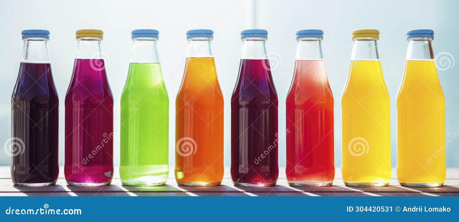 Assorted Rainbow Liquid Filled Bottles in a Neat Sequential Lineup ...