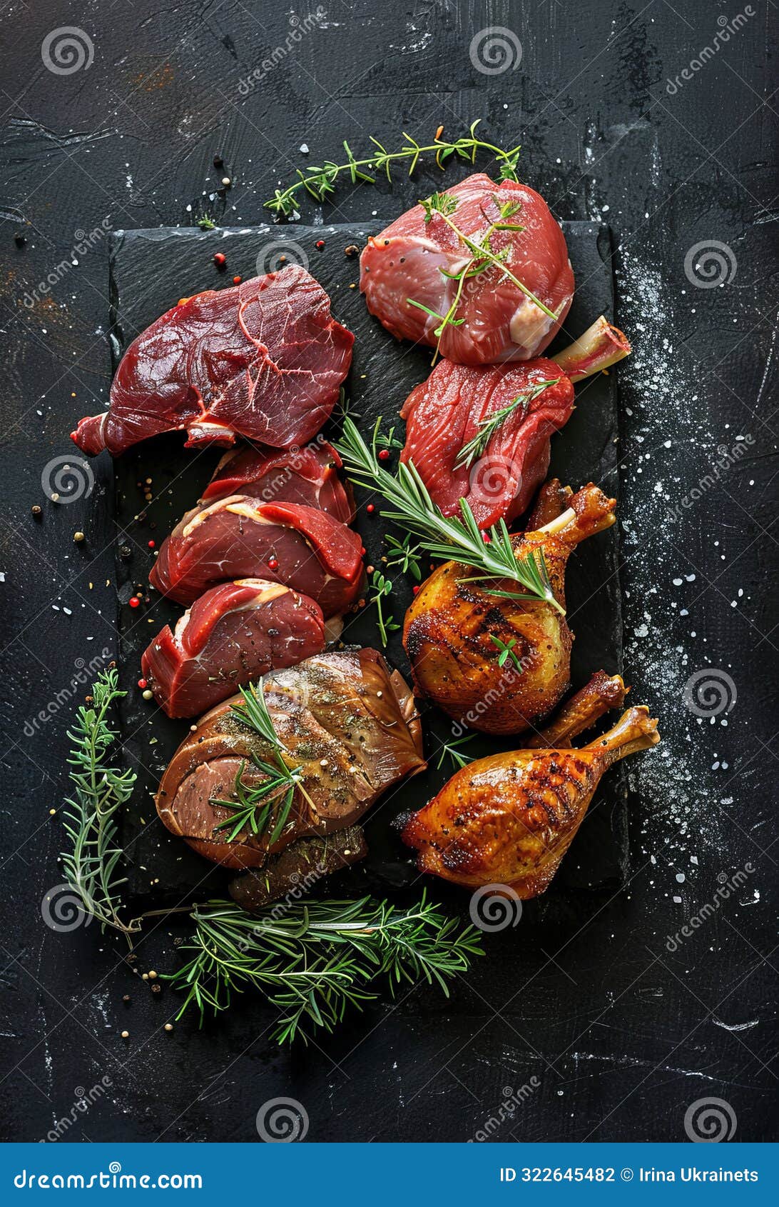 Assorted Raw and Cooked Meat Cuts Arranged on a Dark Background ...