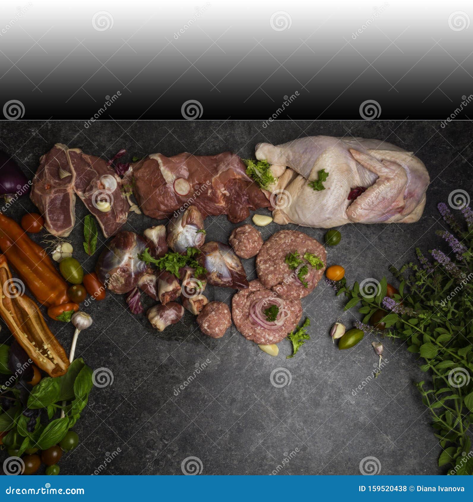 Assorted Raw Meat on Dark Background with Cherry Tomatoes, Mint Leaves ...